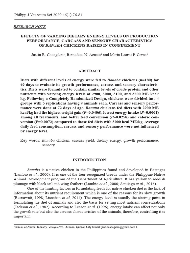 Dietary Energy Effects on Banaba Chickens | PDF | Diet (Nutrition ...