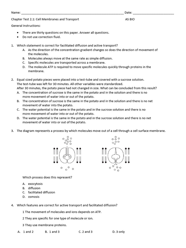 Cell Membranes and Transport Test | PDF | Cell Membrane | Cell Signaling