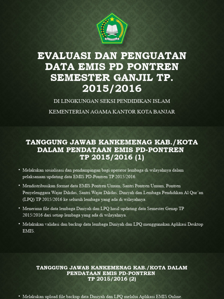 Evaluasi Dan Penguatan Data Emis PD Pontren 2015-2016 | PDF