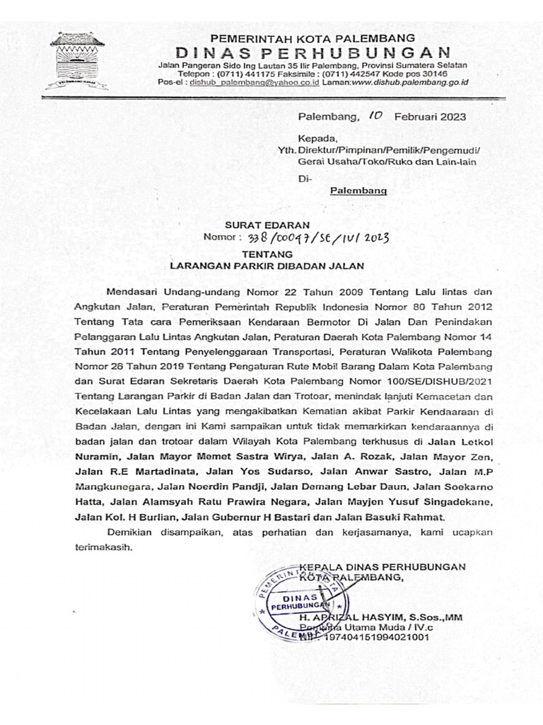 Surat Edaran Larangan Parkir Di Badan Jalan | PDF