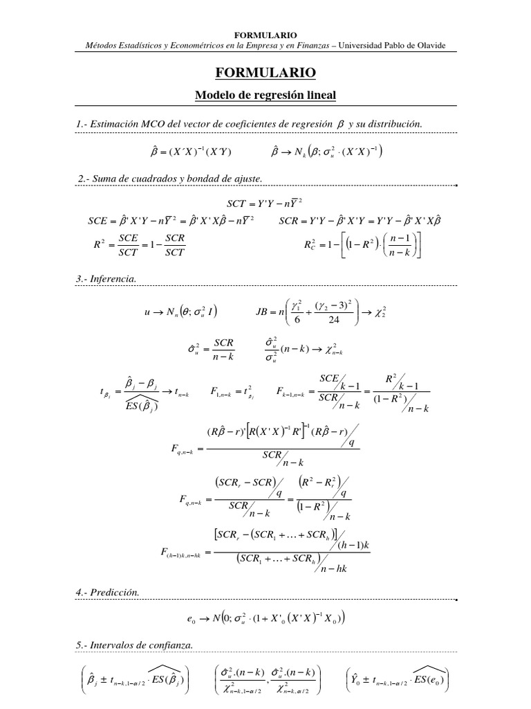 Formulario - Métodos Estadísticos y Econométricos | PDF | Mínimos cuadrados ordinarios | Inferencia