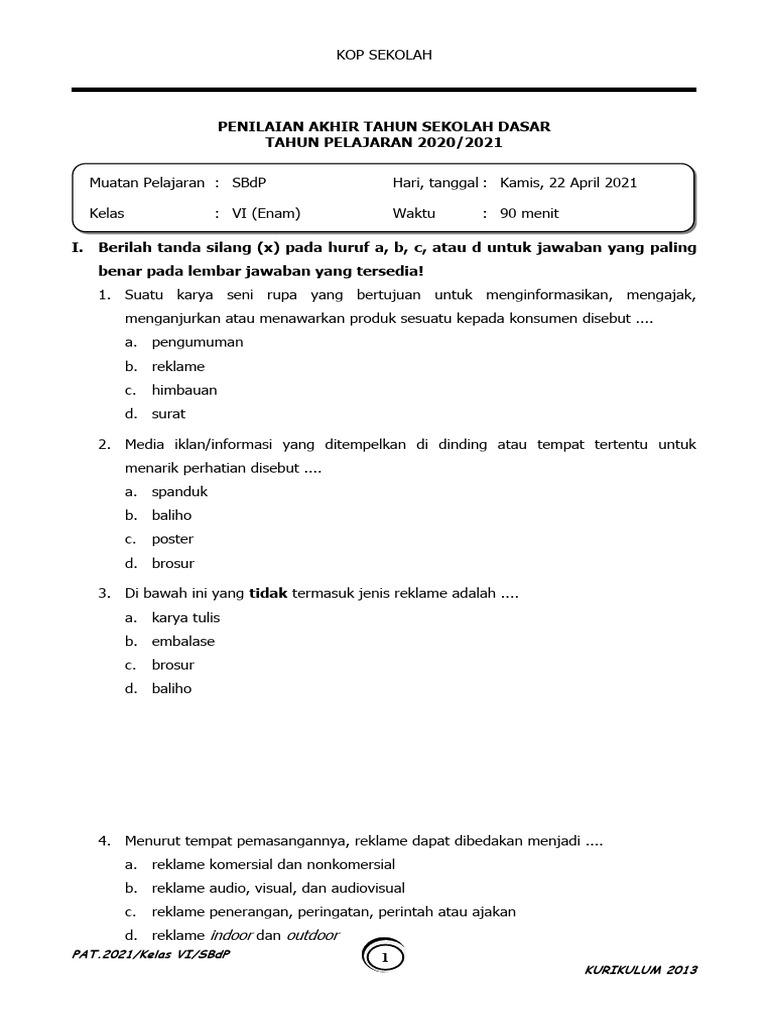 SOAL PAT SBDP KLS 6 SMT 2 | PDF