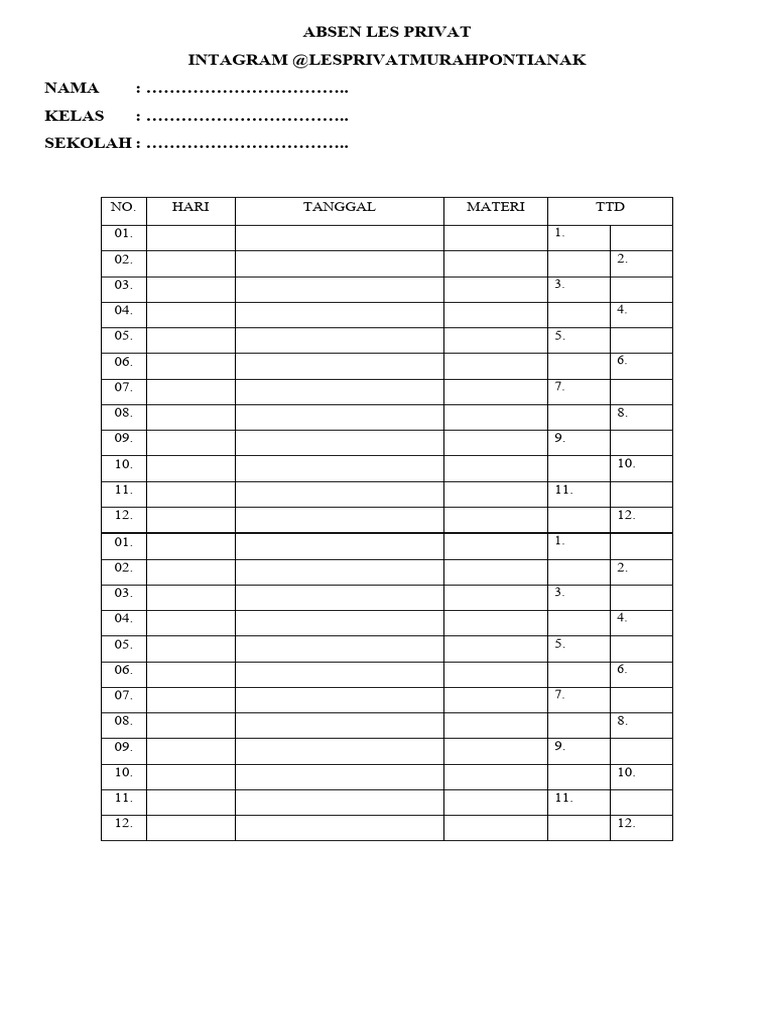 Contoh Absen Les Privat Siswa | PDF