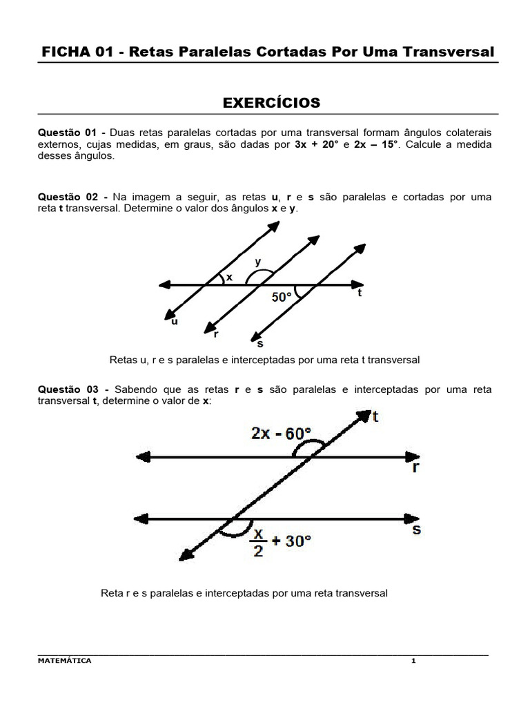 Retas Paralelas Cortadas Por Uma Transversal - Ficha 1 | PDF
