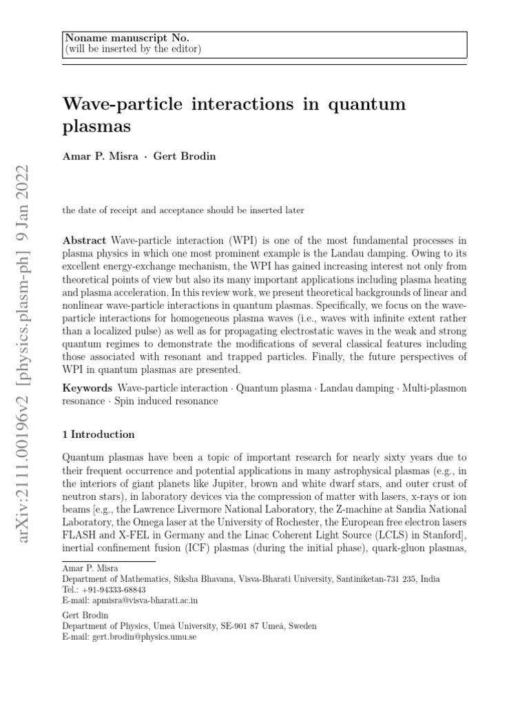 Wave-Particle Interactions in Quantum Plasmas: The Date of Receipt and Acceptance Should Be ...