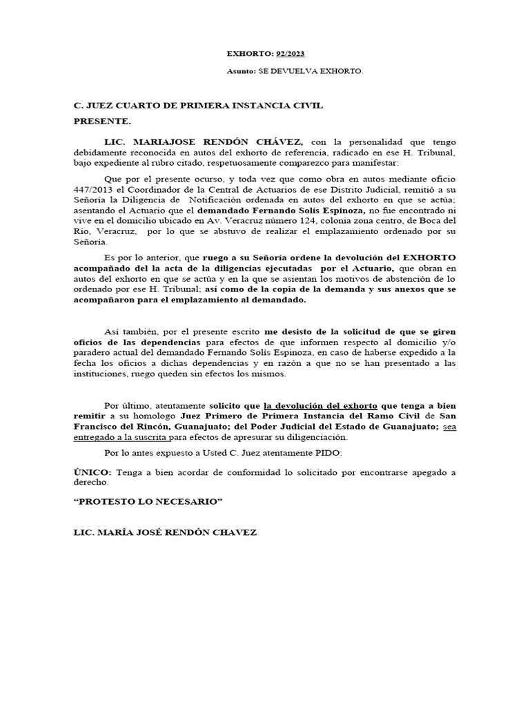 Devolución de Exhorto Judicial | PDF