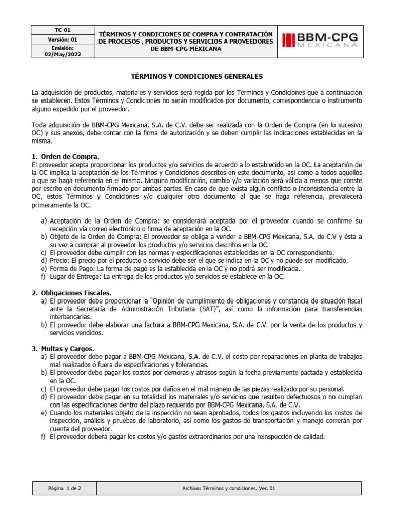 Términos de Compra BBM-CPG Mexicana | PDF | Calidad (comercial) | Economias