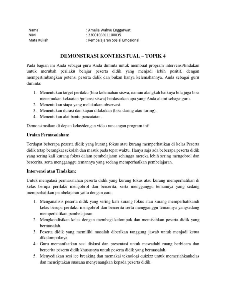 Demonstrasi Kontekstual - Topik 4 - Pse - Amelia Wahyu Enggarwati | PDF | Karier & Perkembangan