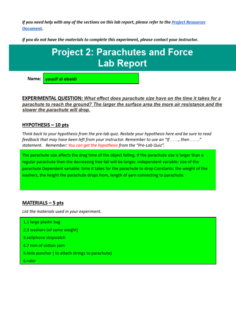 Project 2 - Parachutes and Force - Lab Report | PDF | Parachute ...