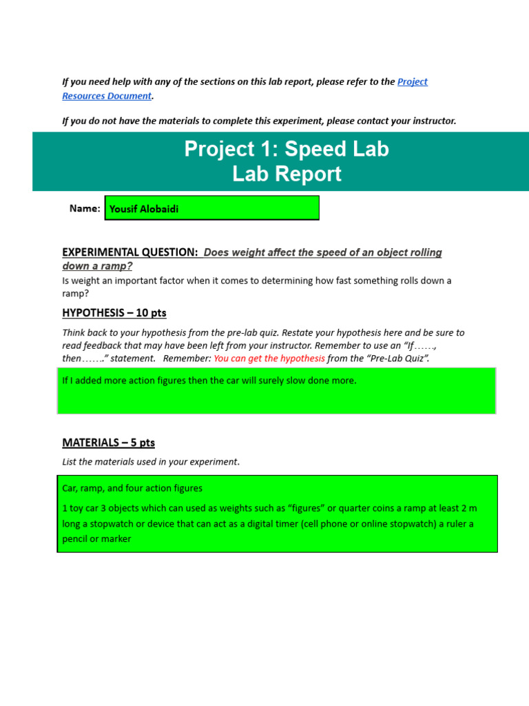 Project 1 - Speed Lab Report | PDF | Experiment | Evidence