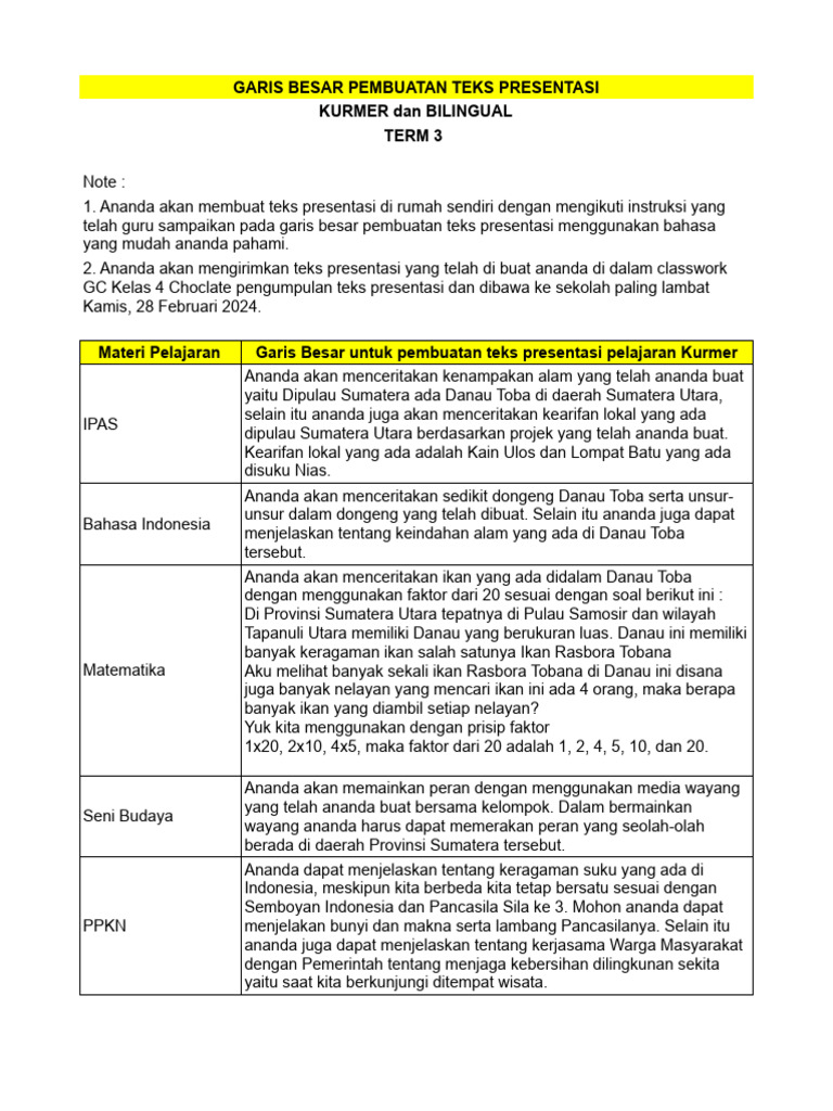 Garis Besar Presentasi Project Term 3 (Bilingual Dan Kurmer) | PDF