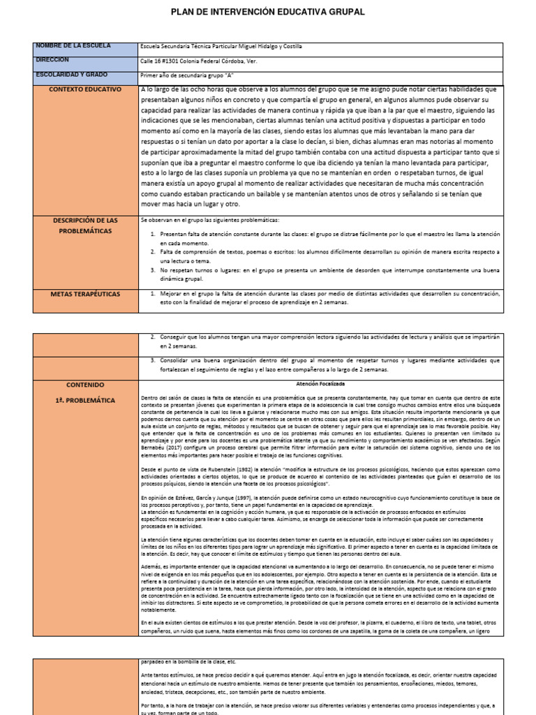 Formato Del Plan de Intervención Educativa Grupal - Editando 2 | PDF | Atención | Aprendizaje