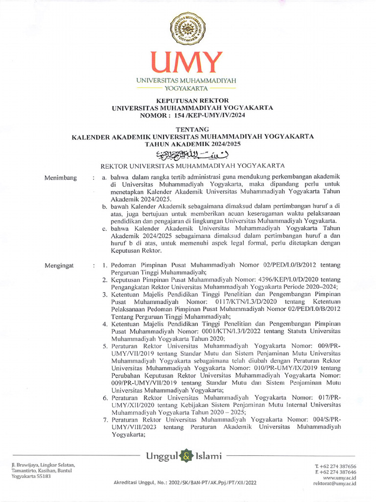 SK Kalender Akademik UMY TA 2024-2025 | PDF
