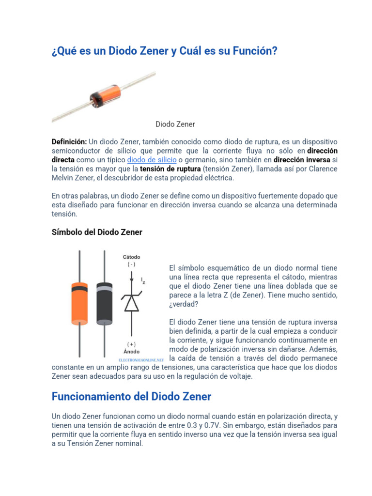 Qué Es Un Diodo Zener y Cuál Es Su Función | PDF | Diodo | Rectificador