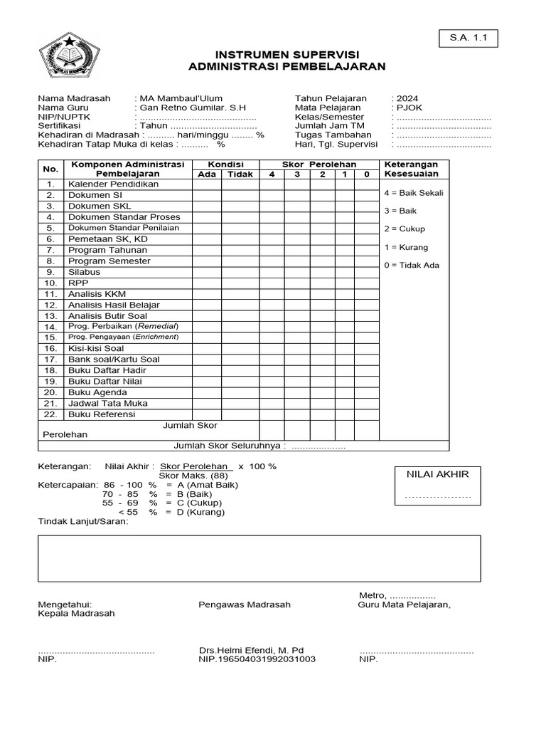 Instrumen Monev Untuk Guru Ma, MTS | PDF