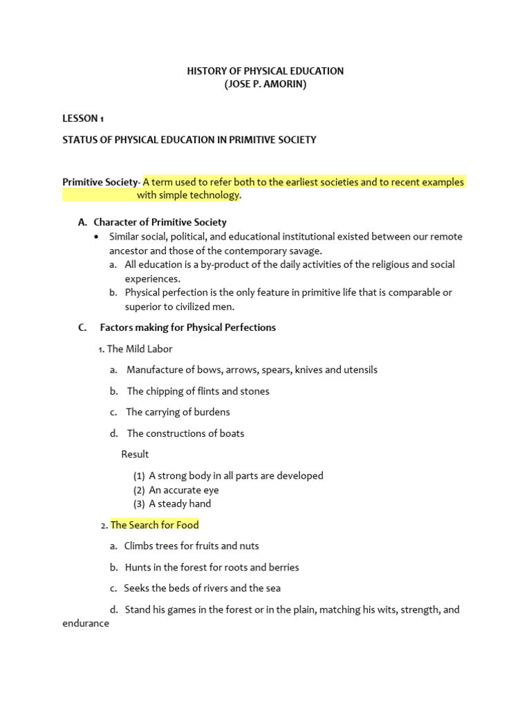 Primitive Society's Physical Education History | PDF