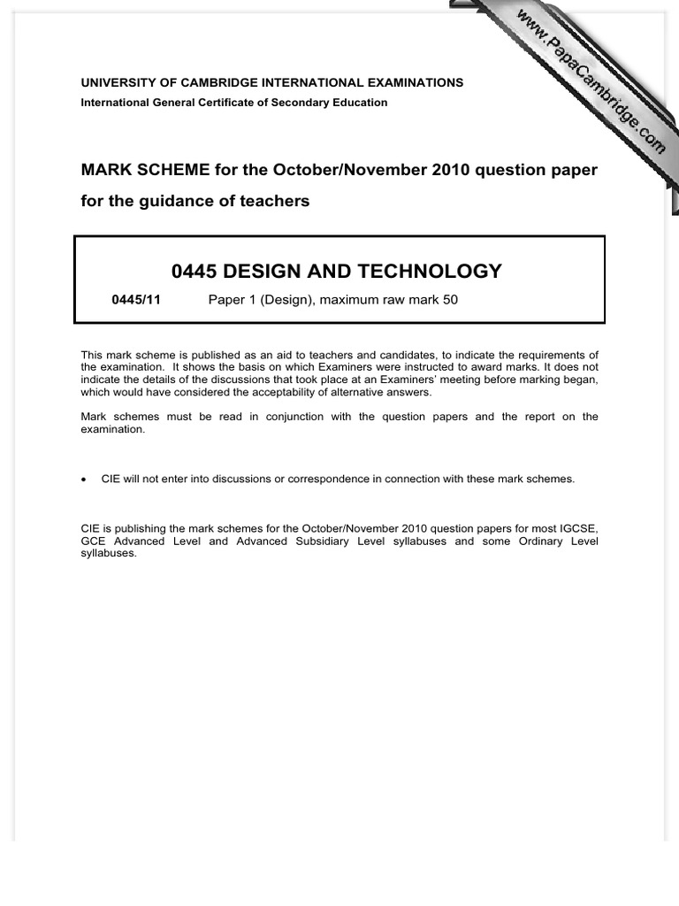 0445 Design and Technology: MARK SCHEME For The October/November 2010 ...