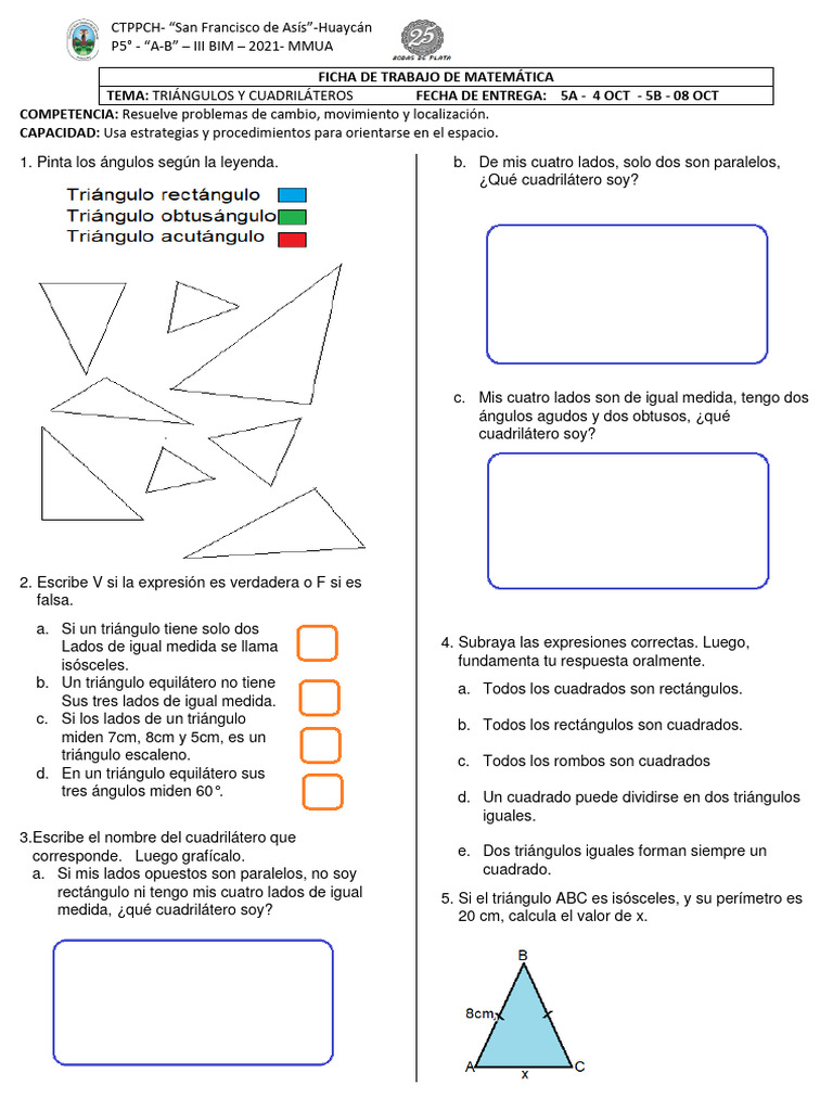 Ficha de Trabajo-Triángulos y Cuadriláteros | PDF