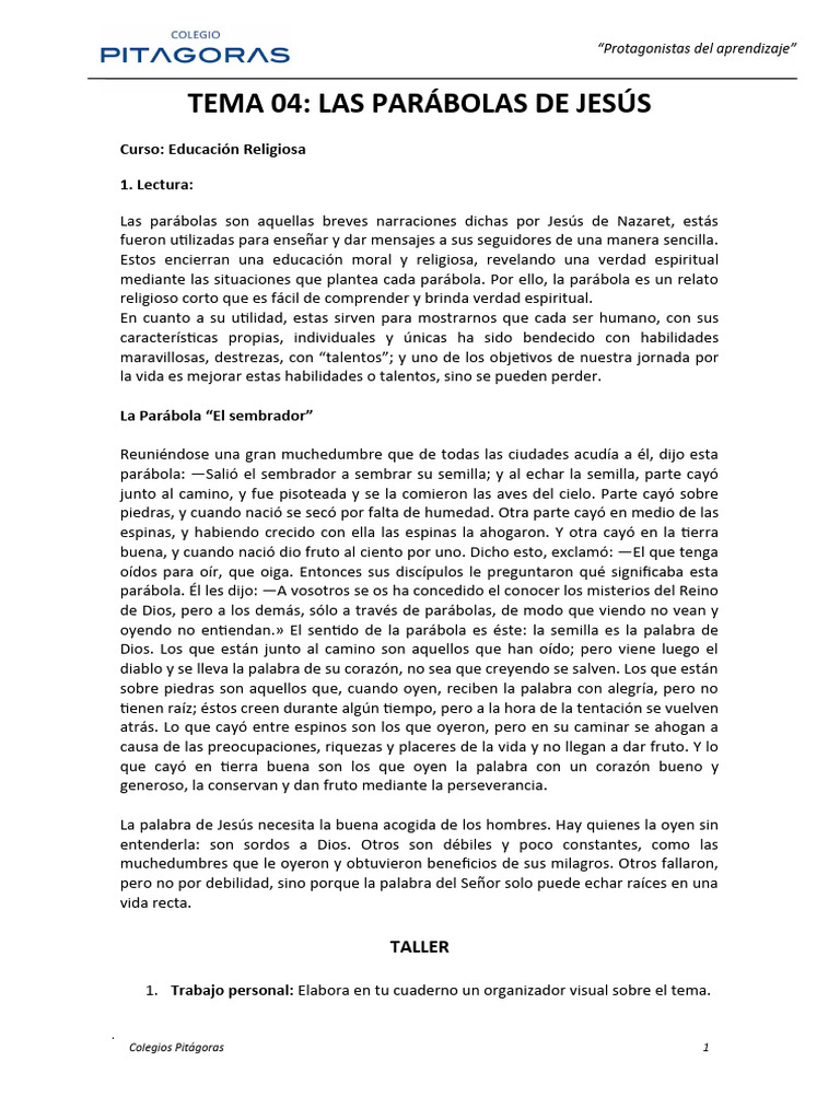 Guía Iv B Rel 4S Tema 04 | PDF | Parábolas de Jesús