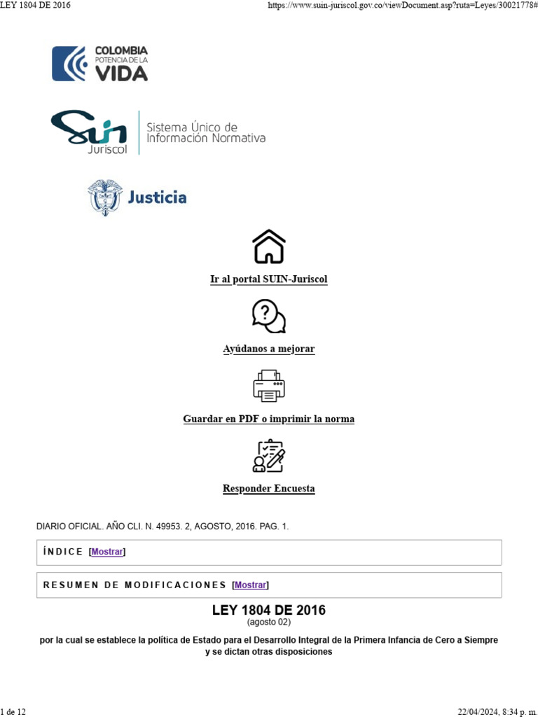 Ley 1804 de 2016 | PDF | Educación de la primera infancia | Ministerio (Departamento de Gobierno)