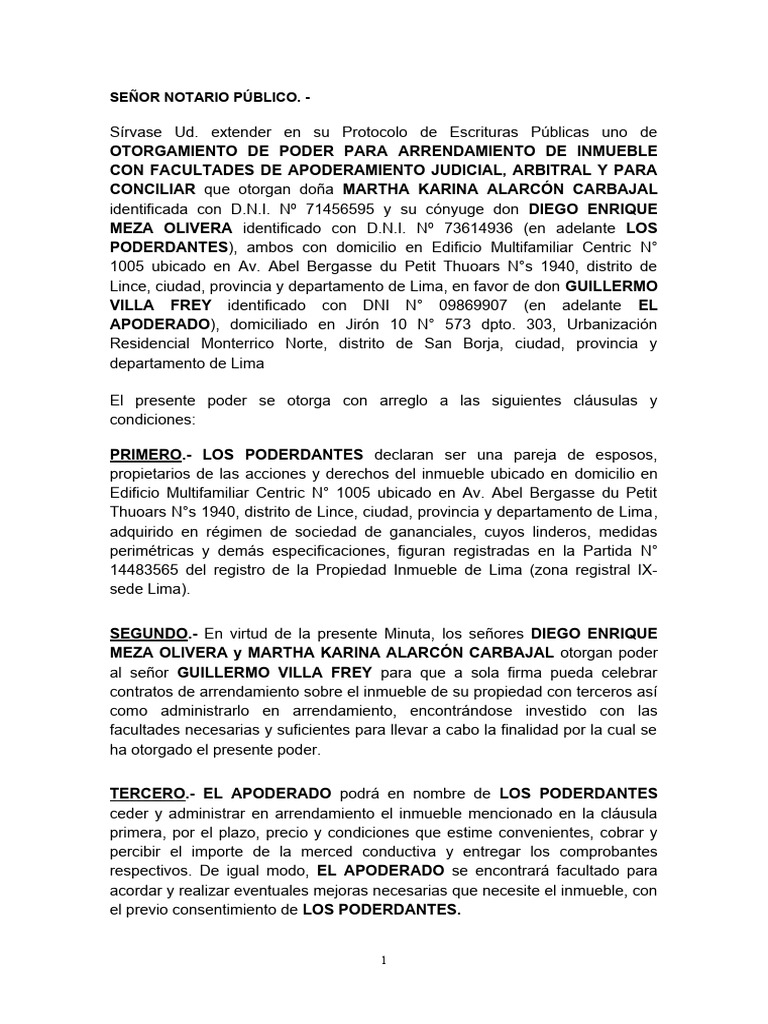 Alarcón, Katty - Minuta Poder Arrend Casa Lince - 14 - 01 - 2024 | PDF ...