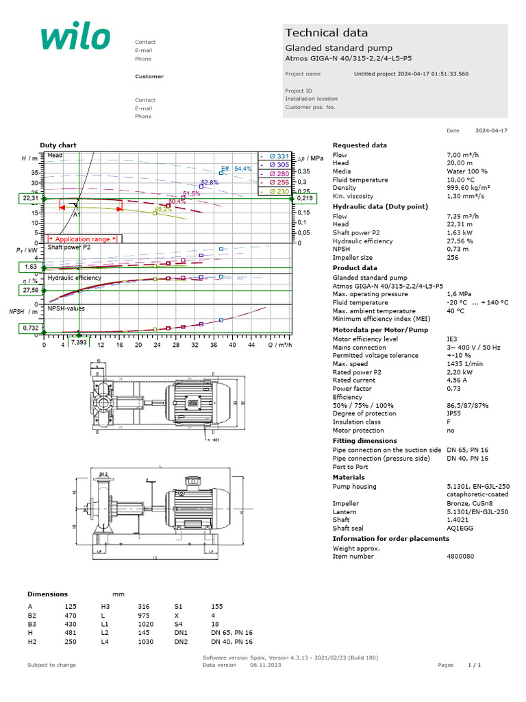 Data Sheet Atmos GIGA-N 40 315-2,2 4-L5-P5 | PDF | Pump | Mechanical Engineering