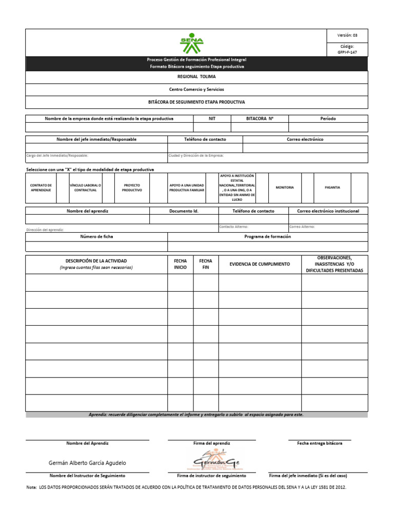 Bitácora de Seguimiento SENA | PDF