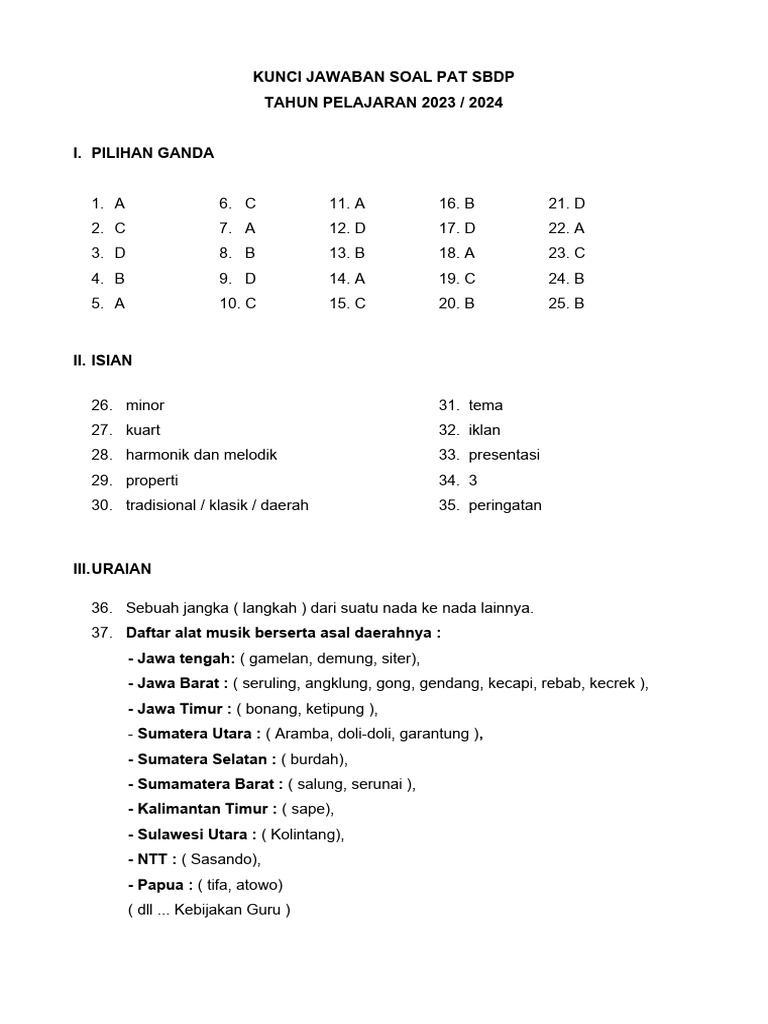 KUNCI JAWABAN SOAL PAT SBDP 2024 | PDF