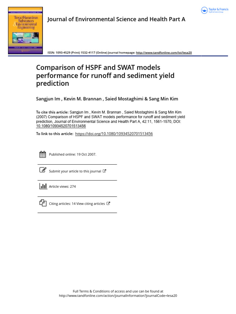 Comparison of HSPF and SWAT Models Performance for Runoff and Sediment Yield Prediction | PDF ...
