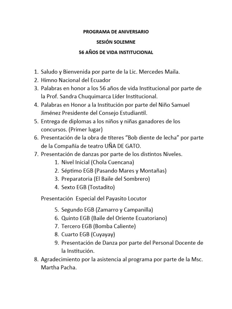 Programa de Aniversario Institucional | PDF