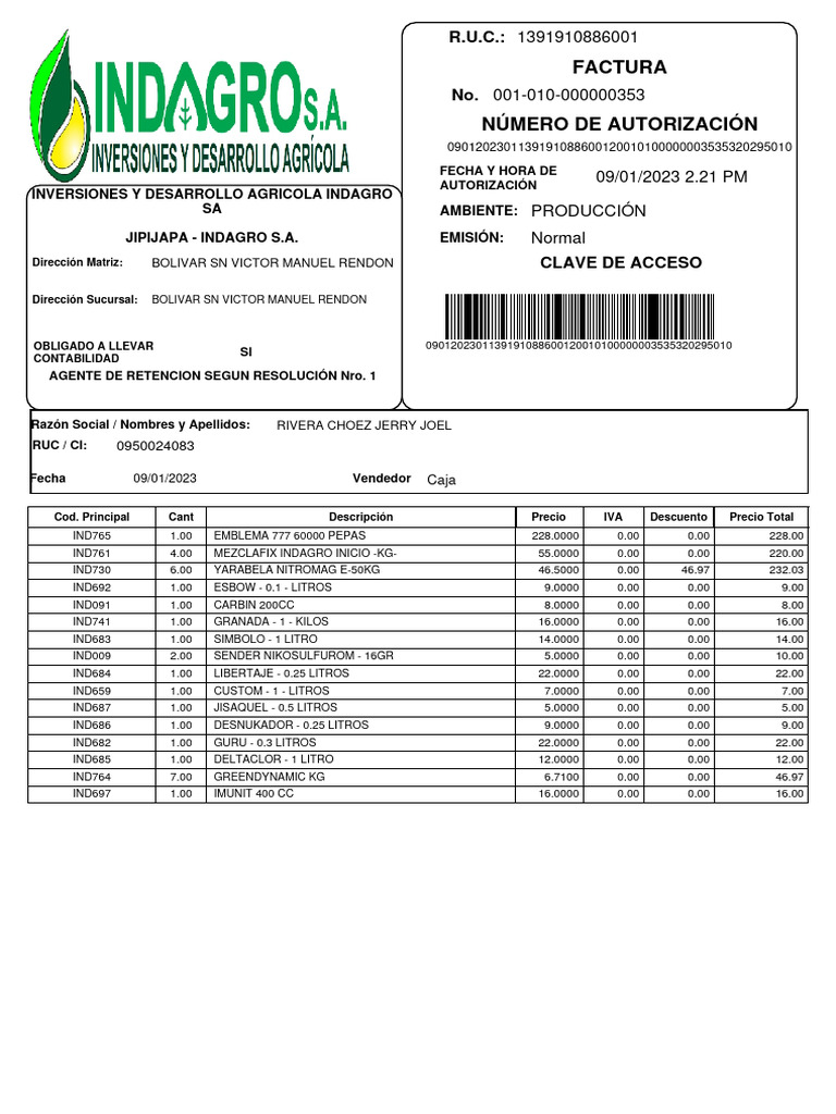 Factura: Inversiones Y Desarrollo Agricola Indagro SA Ambiente: Emisión ...