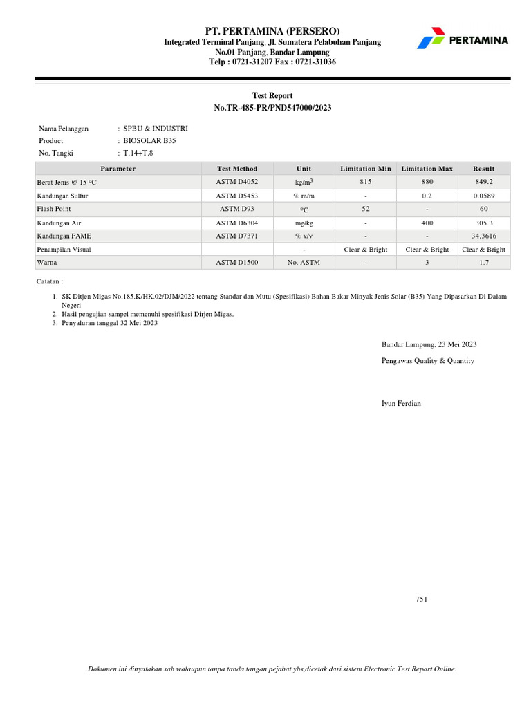 Laporan Uji Biosolar B35 SPBU 2023 | PDF