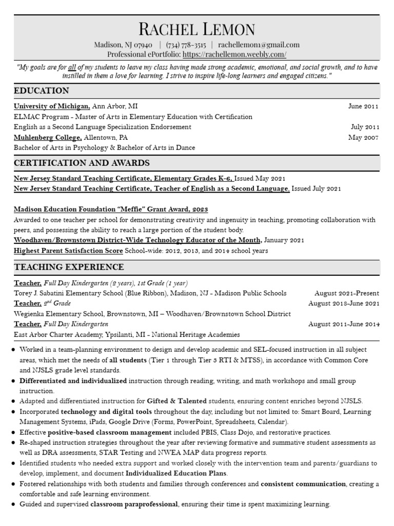 Rachel Lemon Professional Teaching Resume New Jersey 2024 | PDF ...
