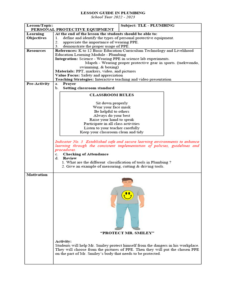 Lesson Guide in Ppe | PDF | Personal Protective Equipment | Learning