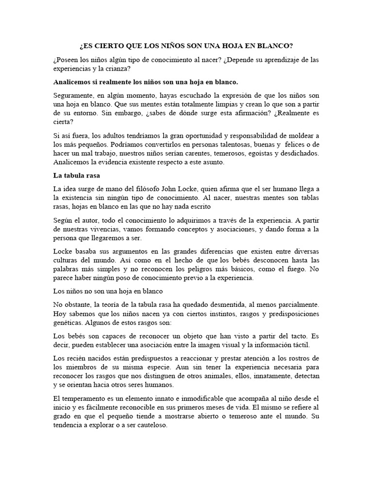Niños: ¿Hoja en blanco o instintos innatos? | PDF | Conocimiento ...
