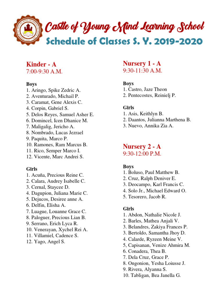 Class Schedule for Castle of Young Mind | PDF