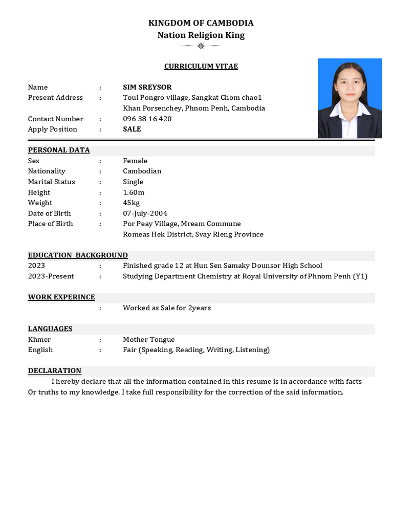 Sim Sreysor CV for Sales Position | PDF