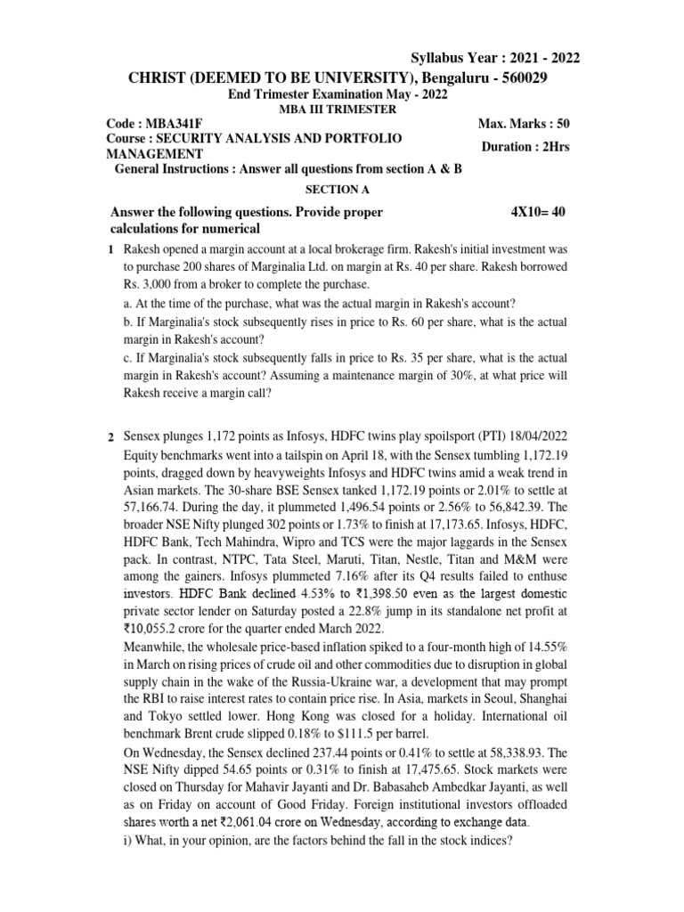 Question Paper SAPM | PDF | Beta (Finance) | Sharpe Ratio