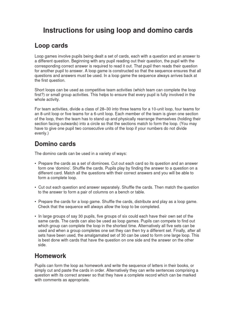 Instructions For Loop and Domino Cards | PDF | Games Of Chance | Card Games