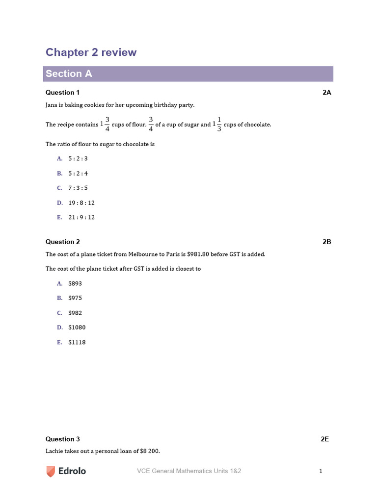 VCE General Mathematics Units 12 - Chapter 2 Review | PDF | Credit ...