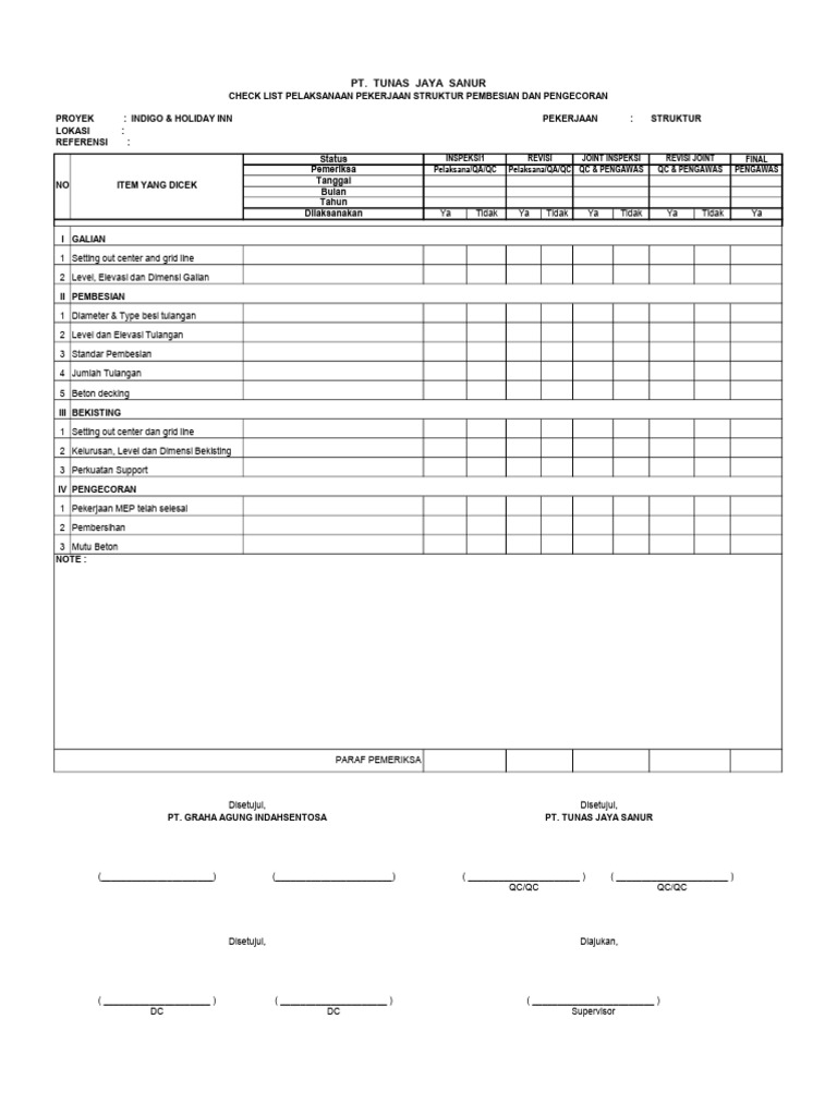 Checklist Sheet Pekerjaan Struktur | PDF