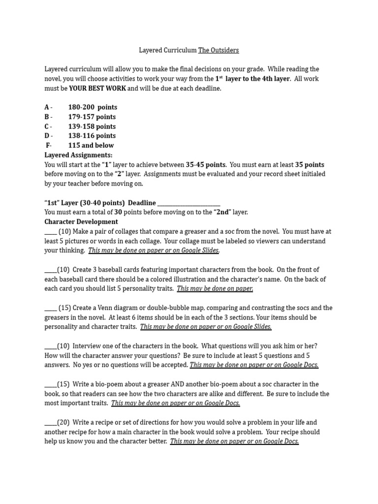 Layered Curriculum Rubric Directions - The Outsiders | PDF
