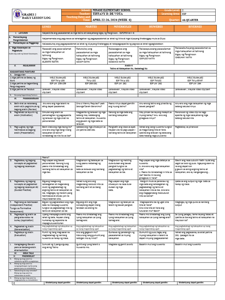 DLL All SUBJECTS-G2 Q4 WEEK 4 | PDF