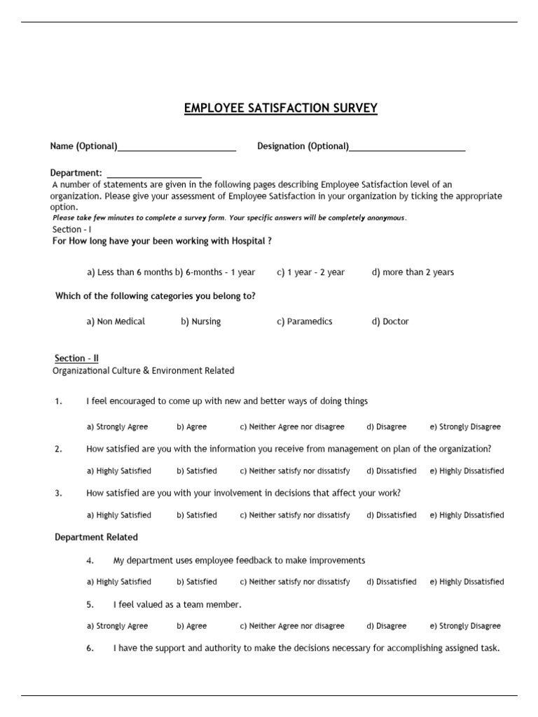 Employee Satisfaction Survery Form | PDF | Job Satisfaction ...