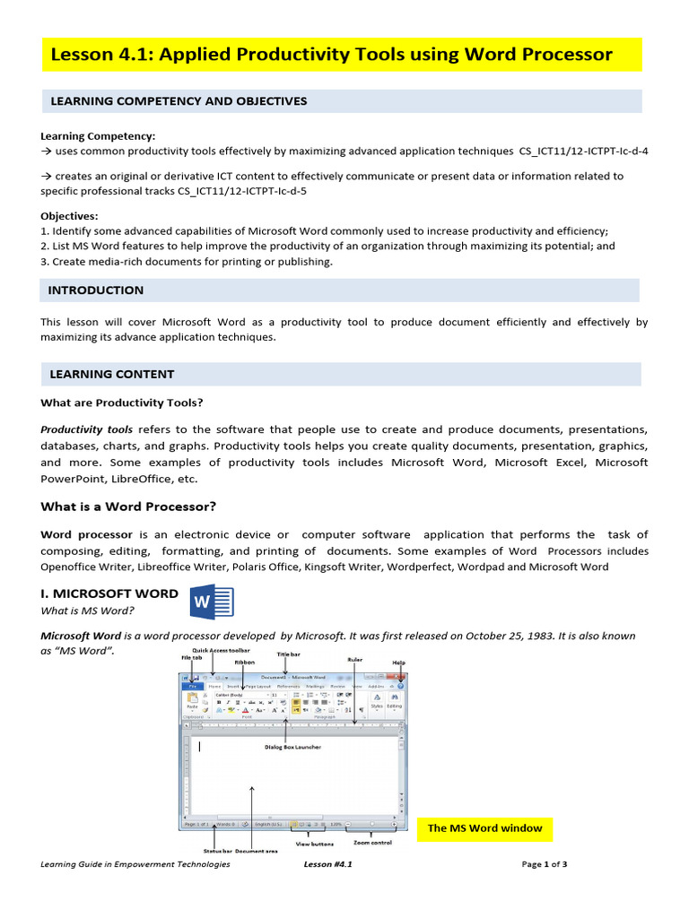 Lesson 4.1 Applied Productivity Tools Using Word Processor | PDF ...