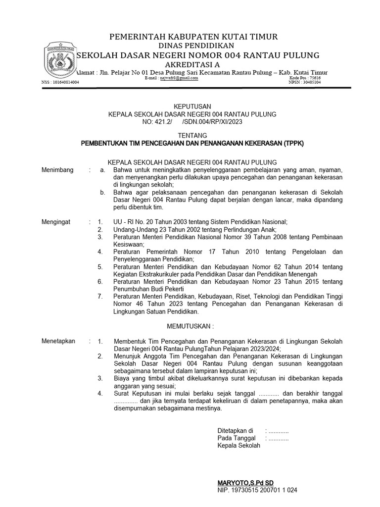 SK Tim Pencegahan Dan Penanganan Kekerasan Di Lingkungan Satuan Pendidikan | PDF