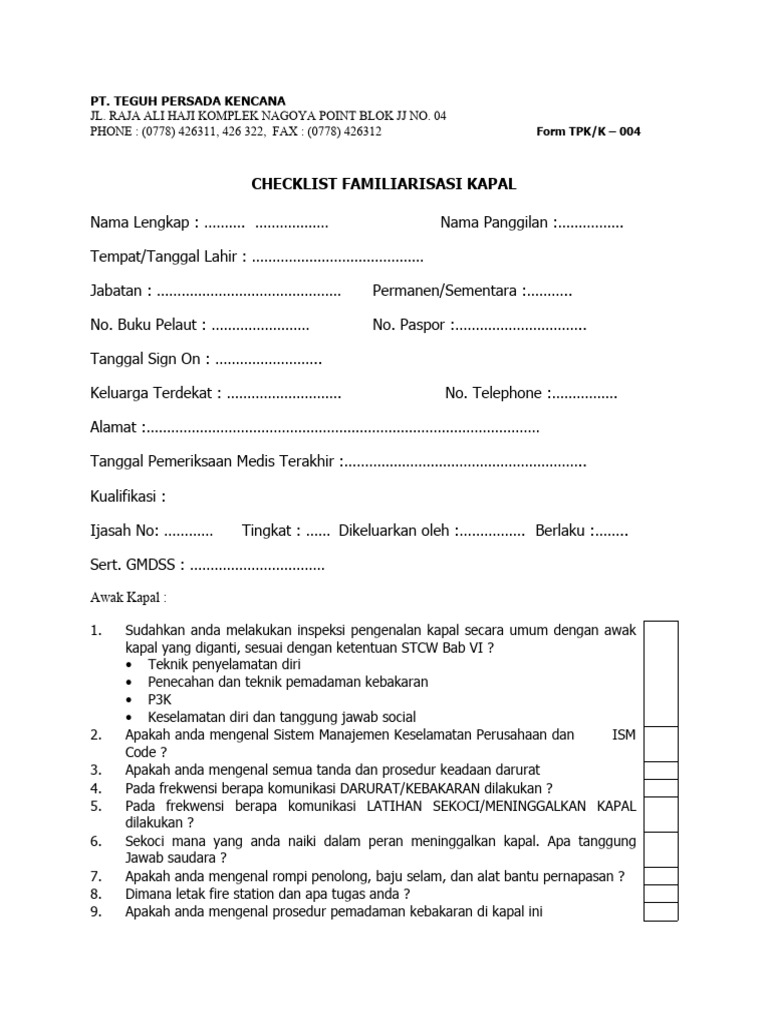 Form Familiarisasi Kapal | PDF