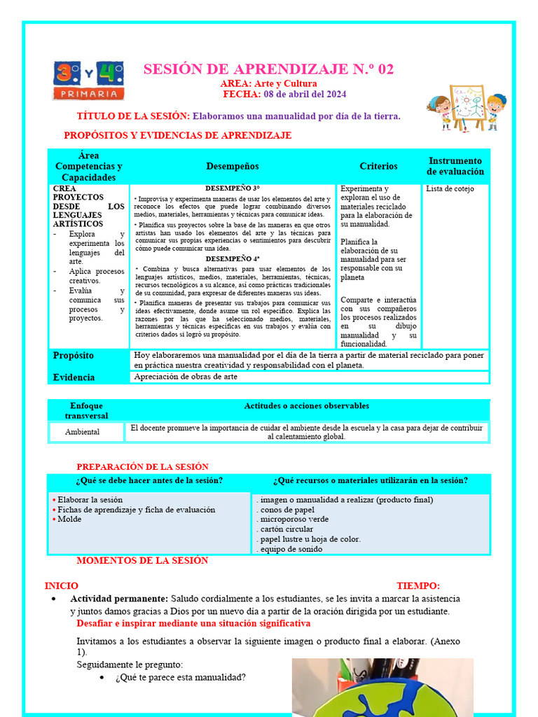 Sesion Arte - Manualidad Dia de La Tierra | PDF | Evaluación | Aprendizaje
