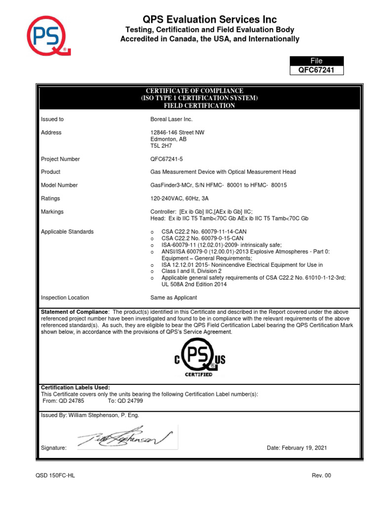 Certificate of Compliance Hazardous Area Certification GasFinder3 MCR ...