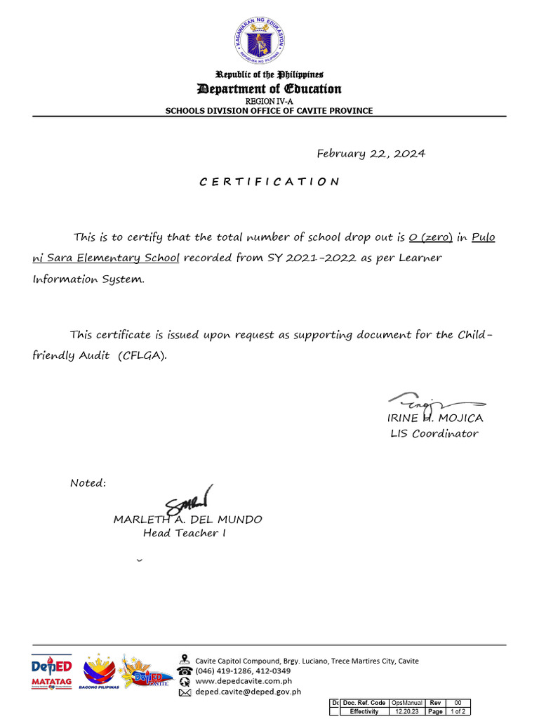 Pulo Ni Sara ES - Drop-out-Certification | PDF